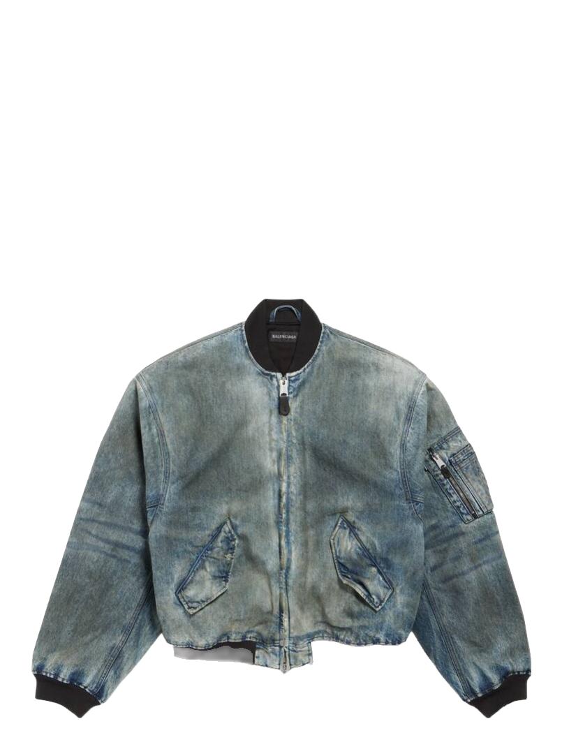 BALENCIAGA Balenciaga Oversized Zip-Up Bomber Denim Jacket with 3B Artwork